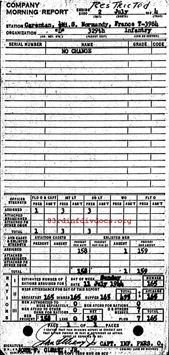 Morning report D/329 for July 2, 1944