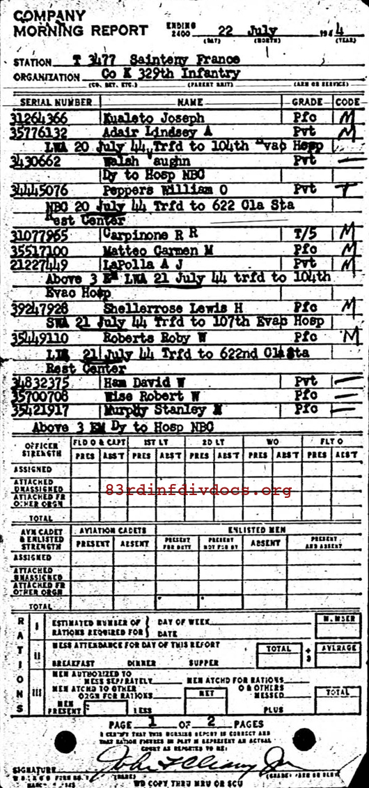 Morning report K/329 for July 22, 1944