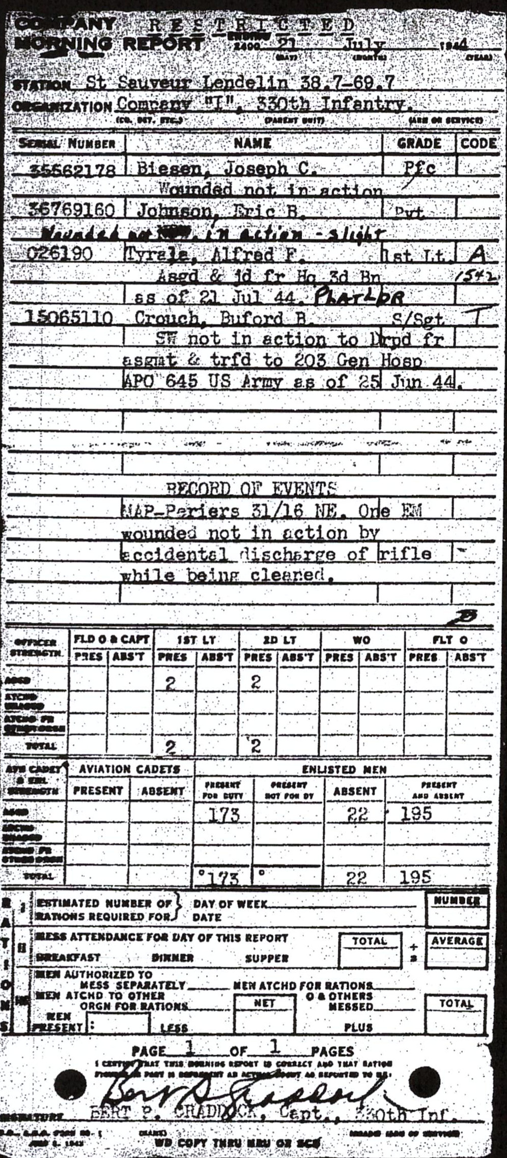 Morning report I/330 for July 21, 1944